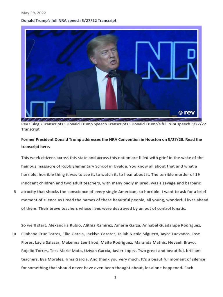 Trump NRA Speech Transcript 5/27/22 | PDF