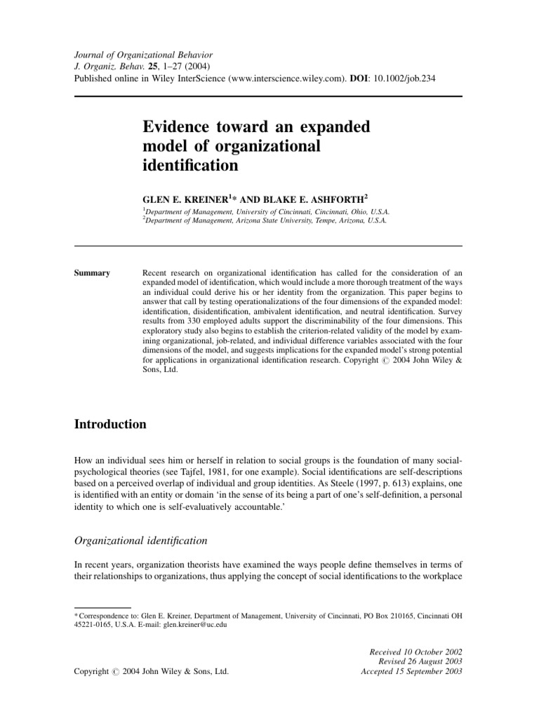 J Organ Behavior - 2003 - Kreiner - Evidence toward an expanded model ...