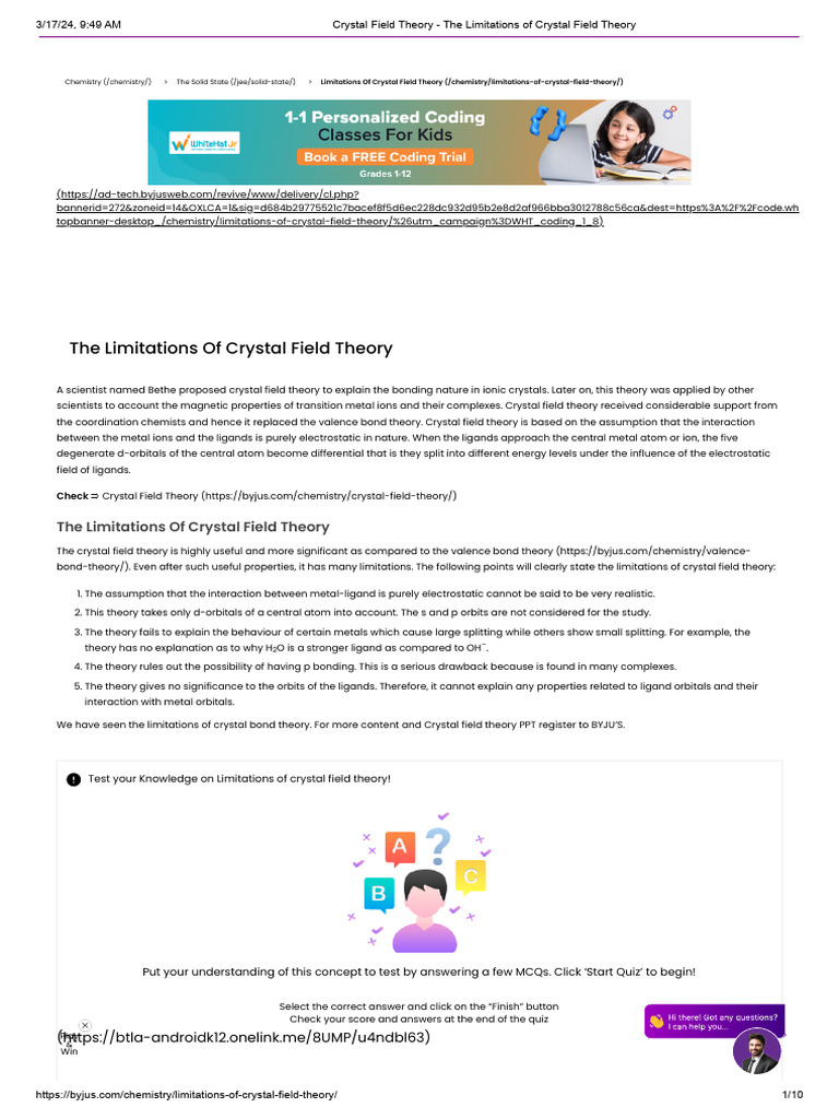 Crystal Field Theory - The Limitations of Crystal Field Theory | PDF ...