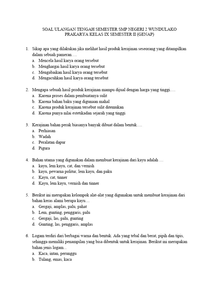 Soal Prakarya KLS 9 S2 2024 | PDF
