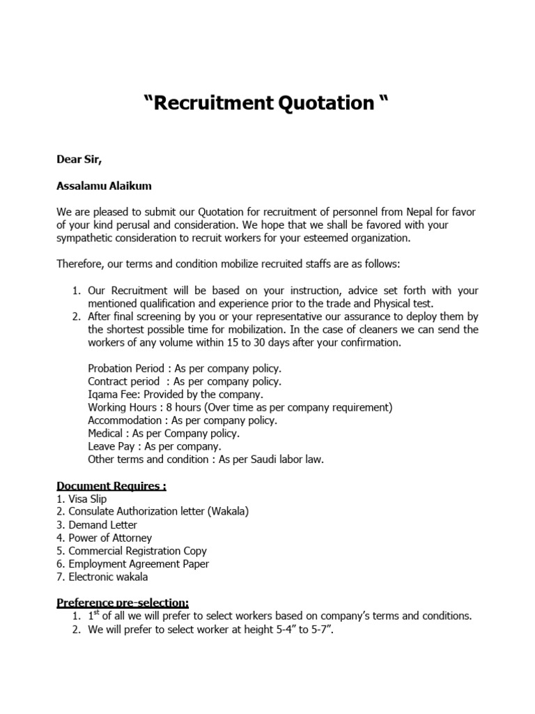 Nepal Recruitment Agreement & Quotation | PDF | Recruitment | Request ...