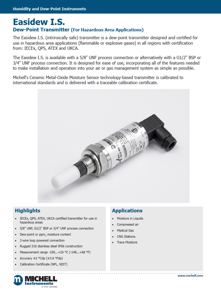 Michell Instruments Easidew TX I.S. EN Datasheet | PDF | Calibration ...