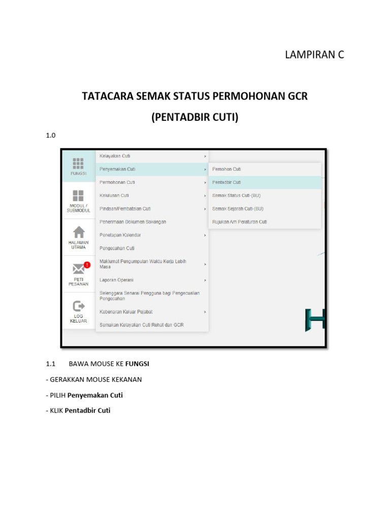 Tatacara Semak Status Permohonan GCR Pentadbir Cuti | PDF