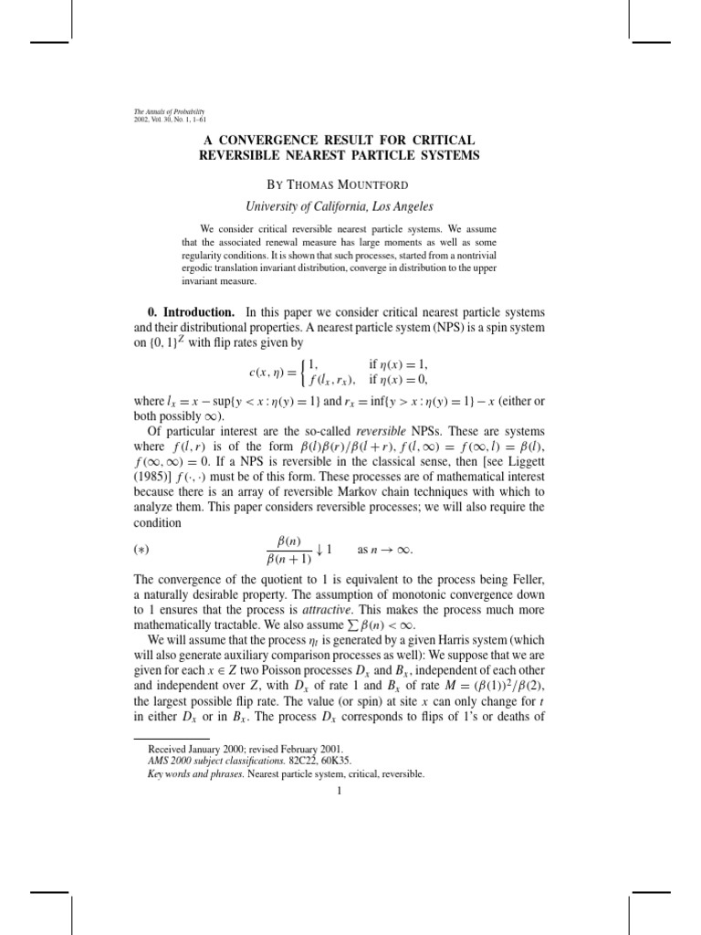 A Convergence Result For Critical Reversible Nearest Particle Systems | PDF | Infinity | Markov ...