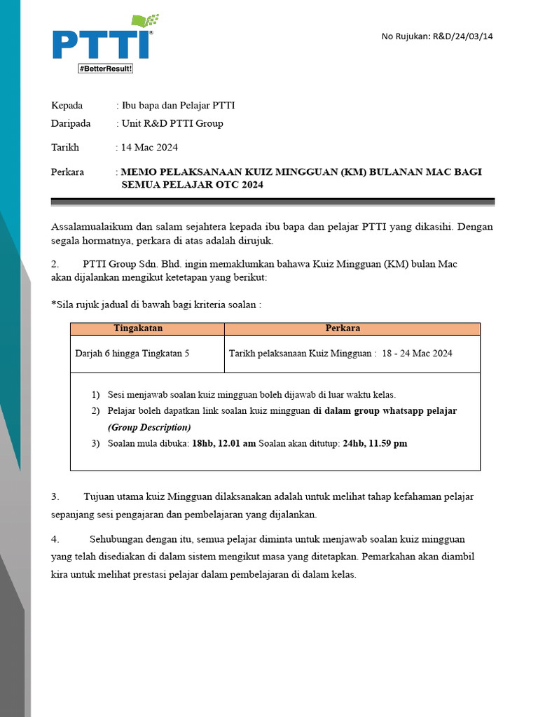 Memo Berkenaan Pelaksanaan KM Mac Bagi Pelajar Otc 2023 (Ibu Bapa Dan Pelajar) | PDF
