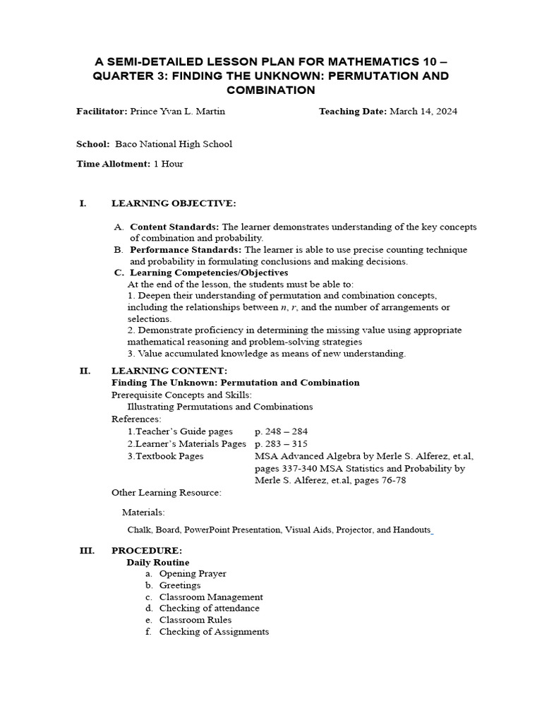 Finding The Unknown - Permutation and Combination | PDF | Learning ...