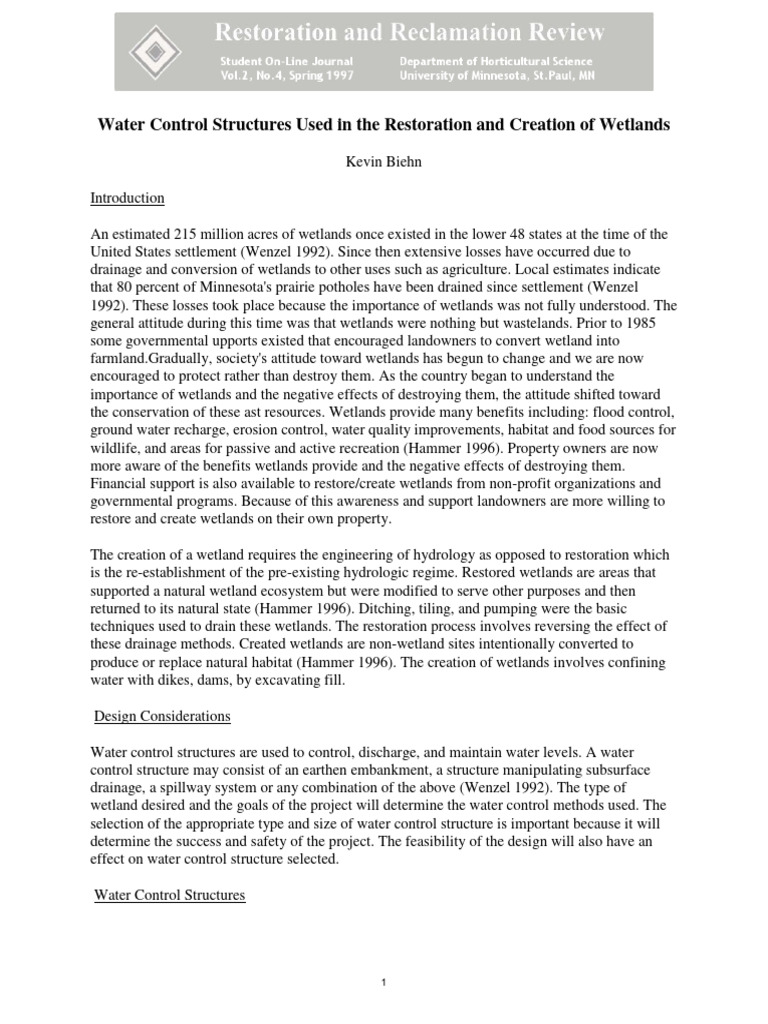 Water Control Structures for Wetland Restoration | PDF | Wetland | Levee