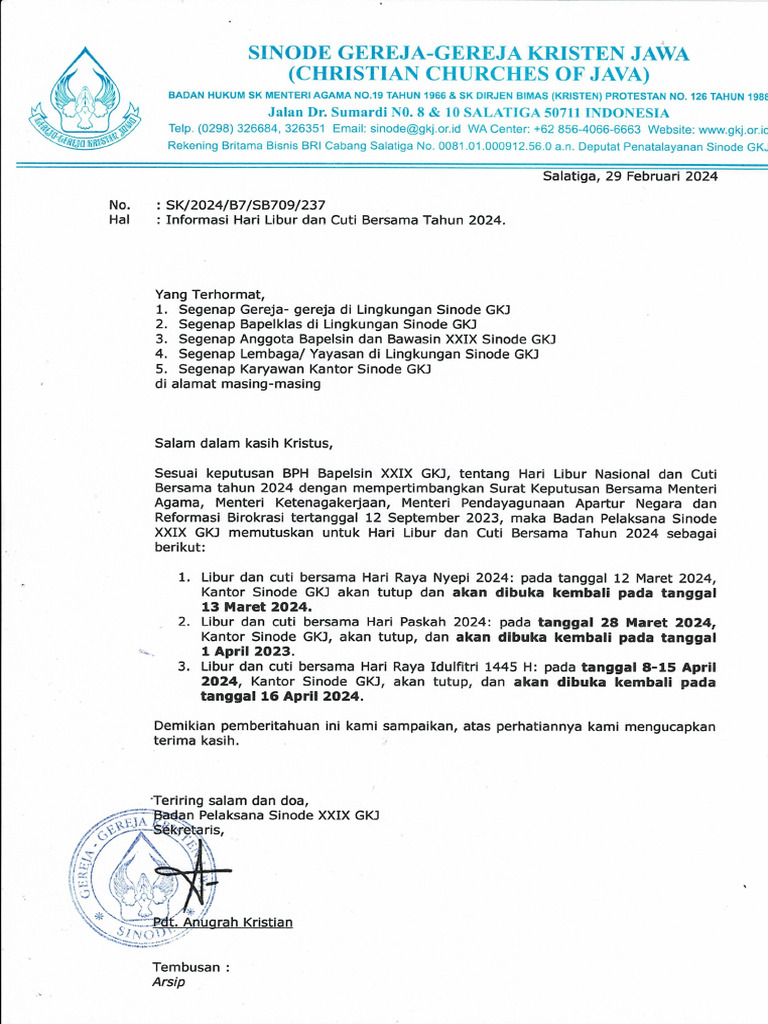 Surat Informasi Libur Kantor Sinode GKJ | PDF