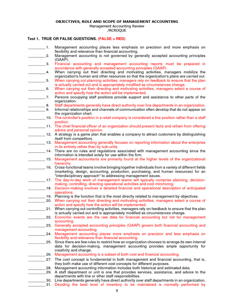 01 Objectives Role and Scope of Management Accounting ANSWER KEY2 | PDF