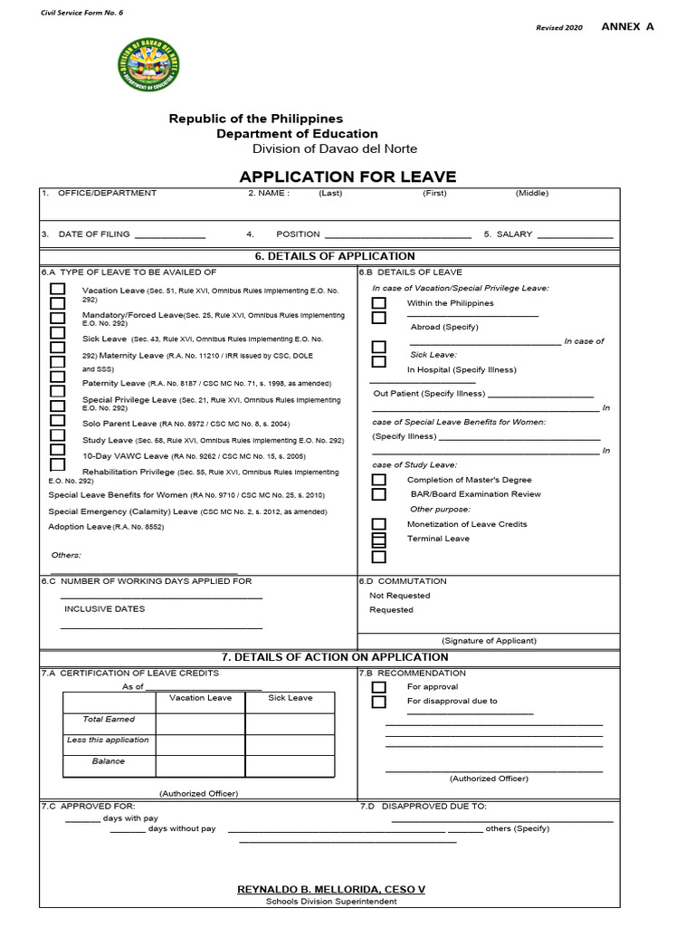 Application For Leave Revised 2020 | PDF | Sick Leave | Parental Leave