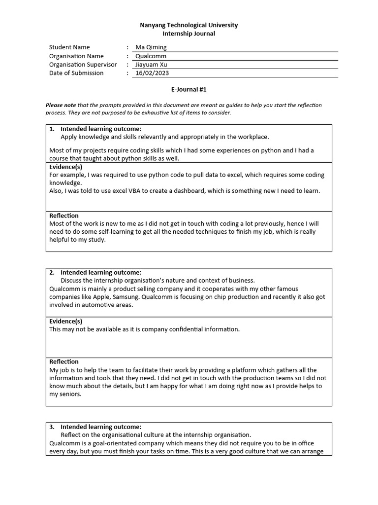NTU Internship Journal: Qualcomm Insights | PDF