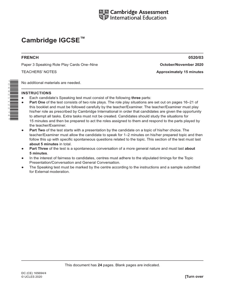 Cambridge IGCSE: FRENCH 0520/03 | PDF | Fluency | Question