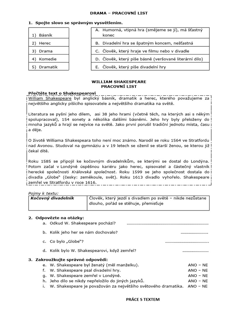 Prac. List - Drama - Shakespeare | PDF