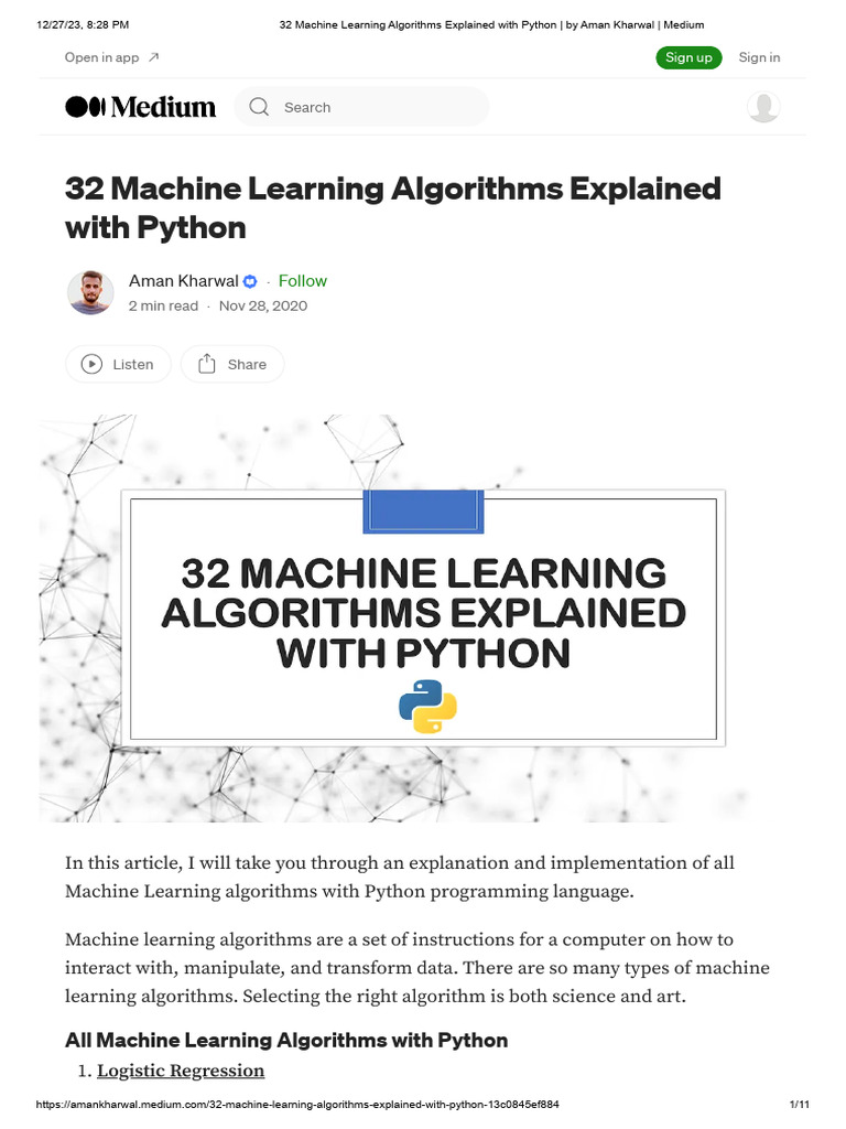 32 Machine Learning Algorithms Explained with Python _ by Aman Kharwal ... 32 Machine Learning Algorithms Explained with Python _ by Aman Kharwal ...
