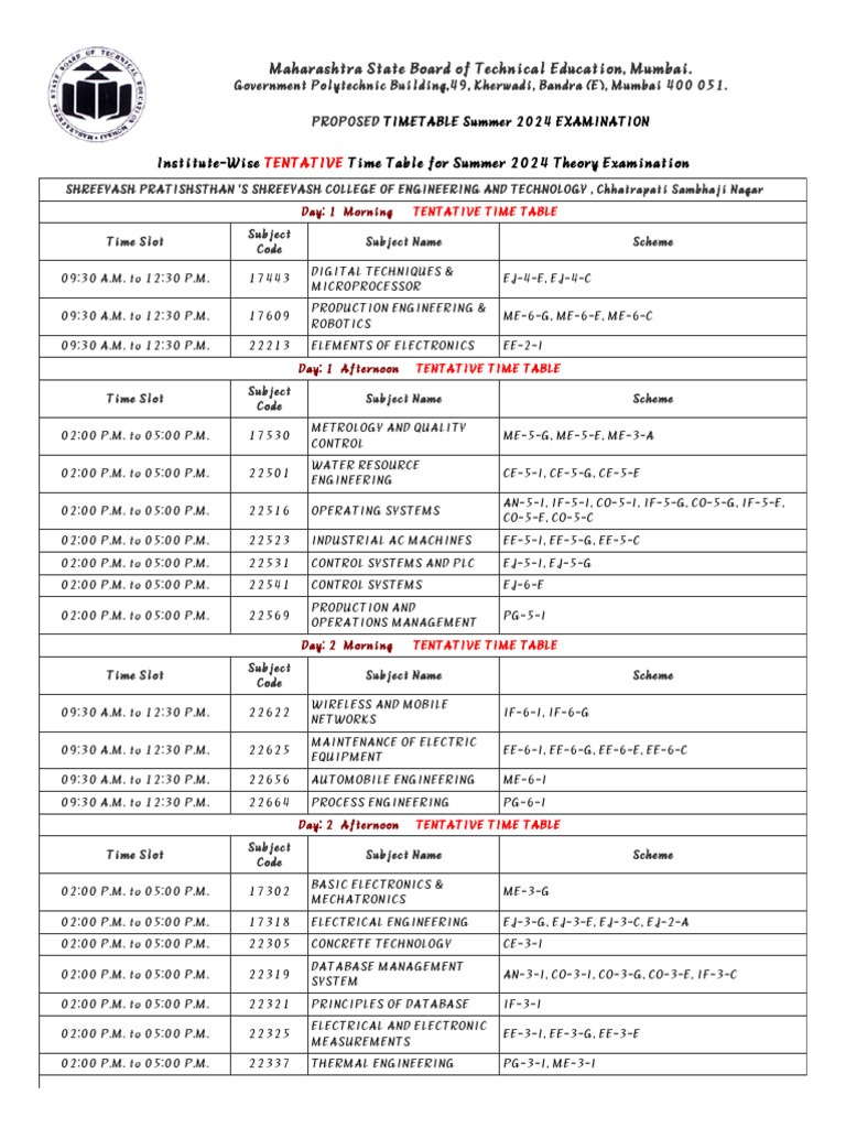 Time Table for Summer 2024 Theory Examination | PDF | Engineering | Electrical Engineering