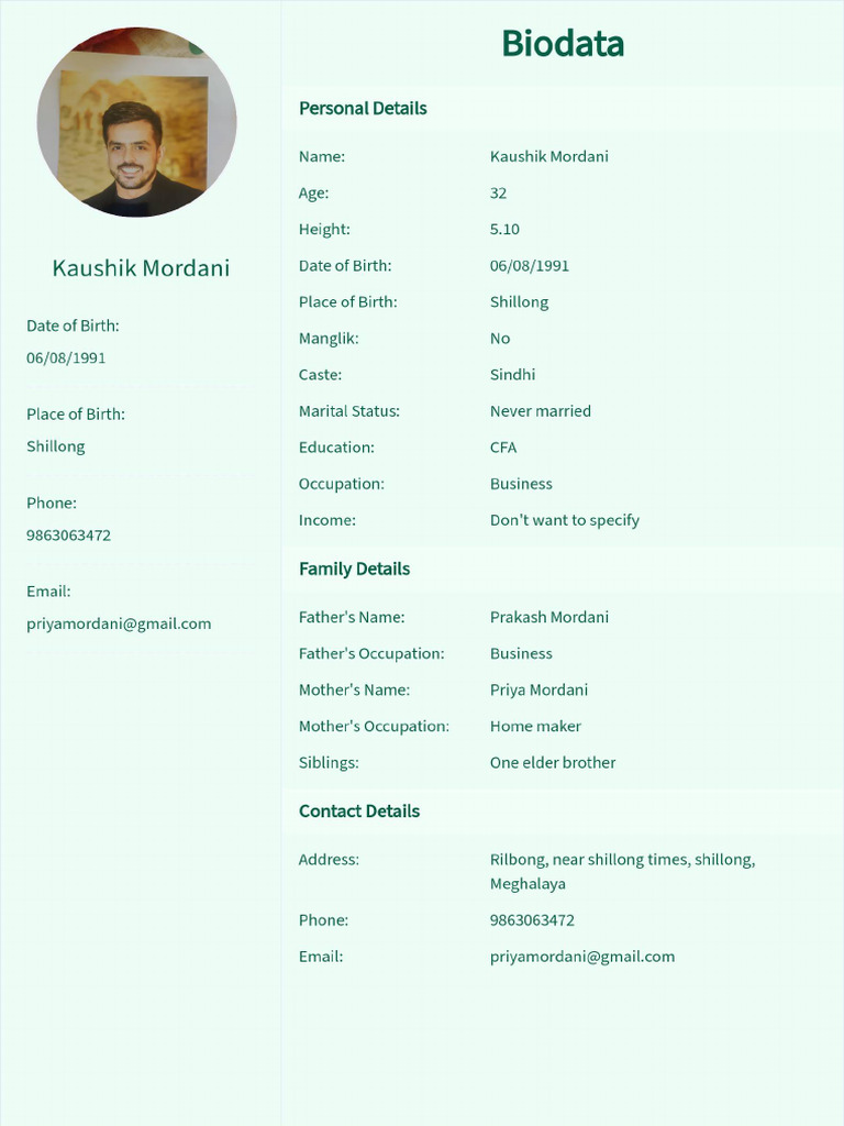 Kaushik Mordani 'S Biodata | PDF