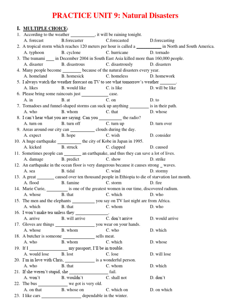 PRACTICE UNIT 9 Natural Disasters | PDF | Tropical Cyclones | Natural Disasters