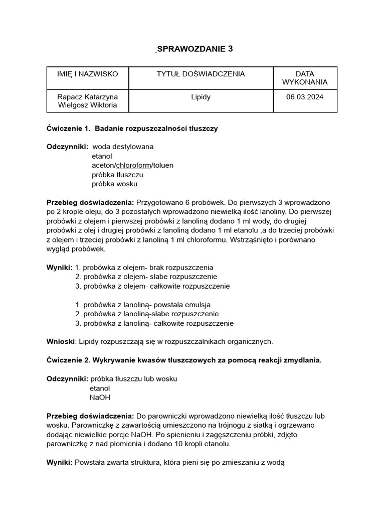 Sprawozdanie Tłuszcze | PDF