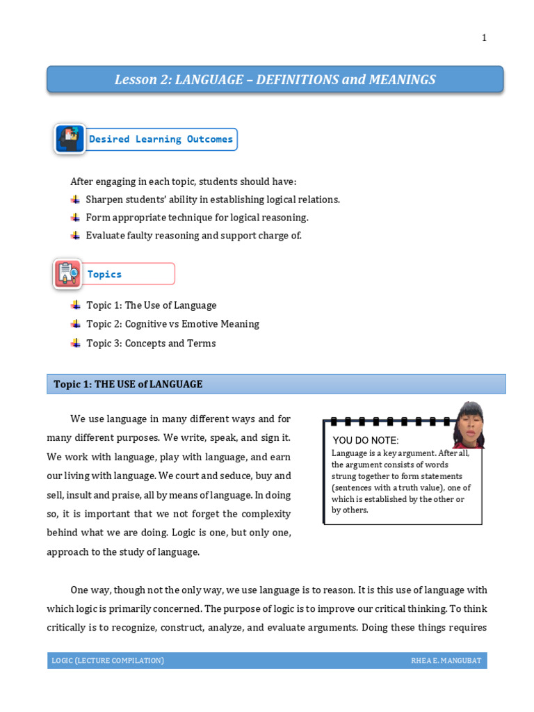 Lesson 2: Language - Definitions and Meanings: Desired Learning Outcomes | PDF | Vagueness | Logic
