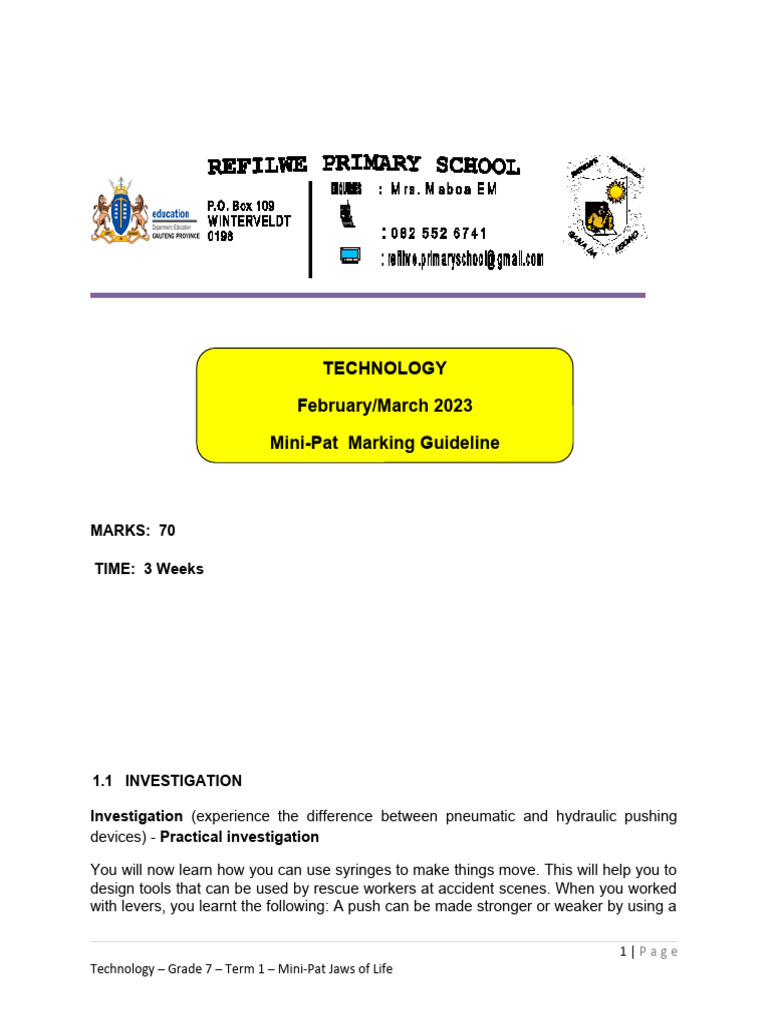 Grade 7 TECH PAT TERM 1 Jaws of Life MEMO1 | PDF