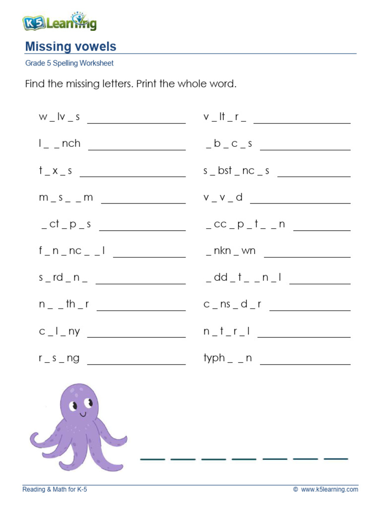 Grade 5 Missing Vowels 1 | PDF