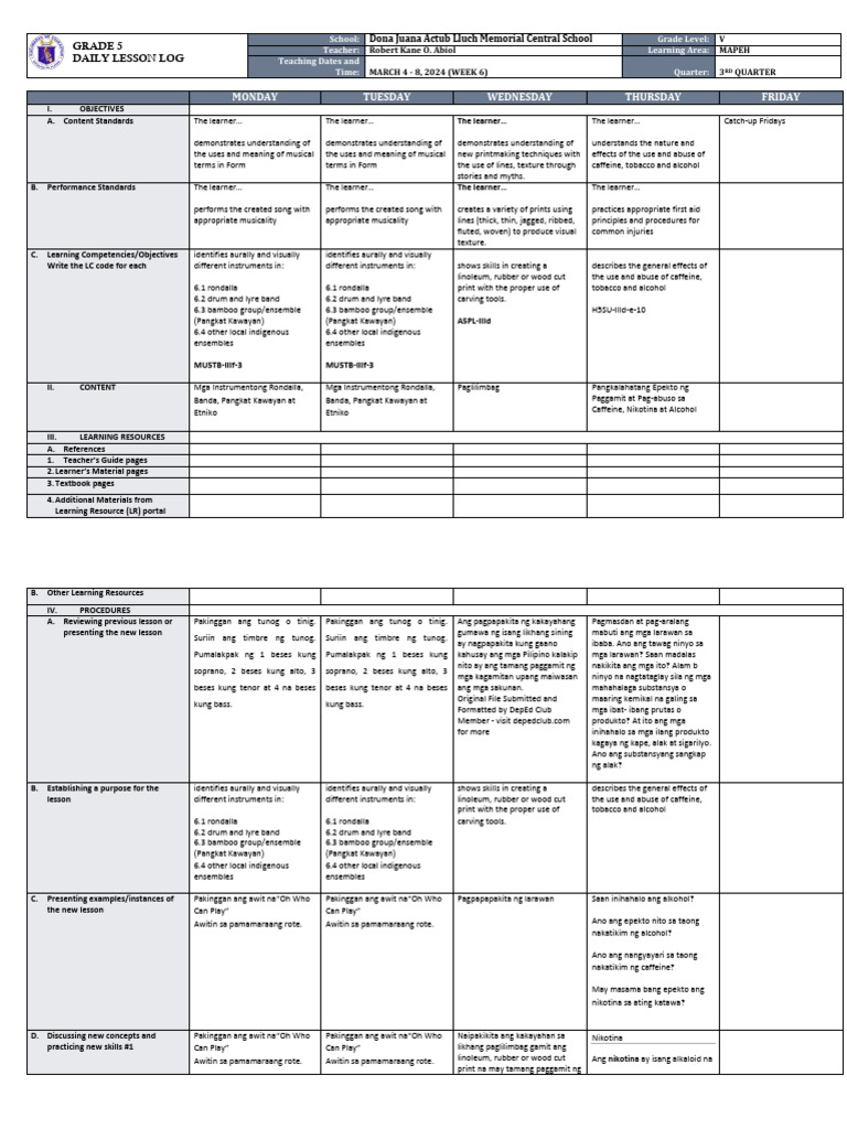 DLL_MAPEH 5_Q3_W6 | PDF | Learning