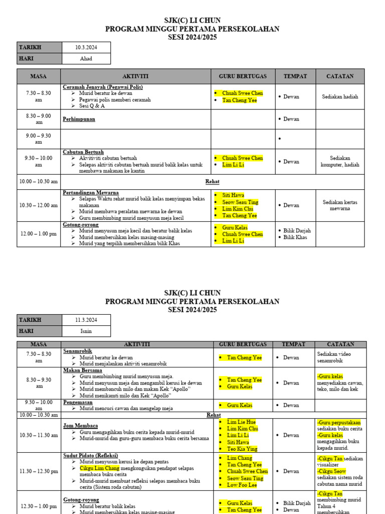 Program Minggu Pertama Persekolahan 2024 2025 | PDF