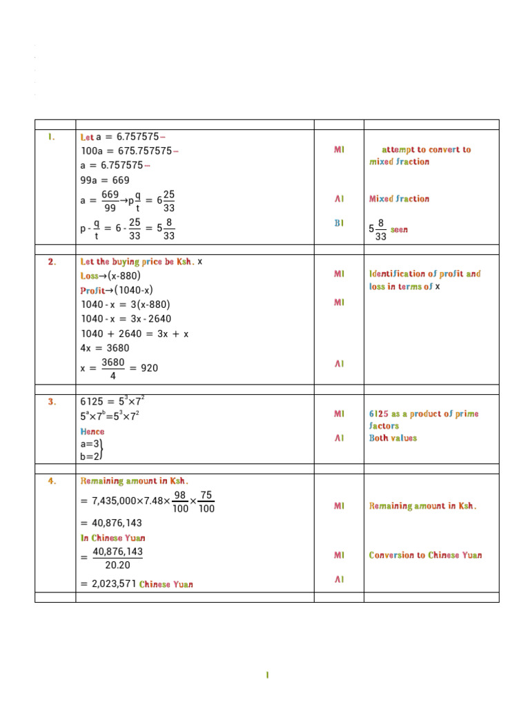 Form 4 Mathematics - Paper 1 - Marking Scheme | PDF | Logarithm | Numbers