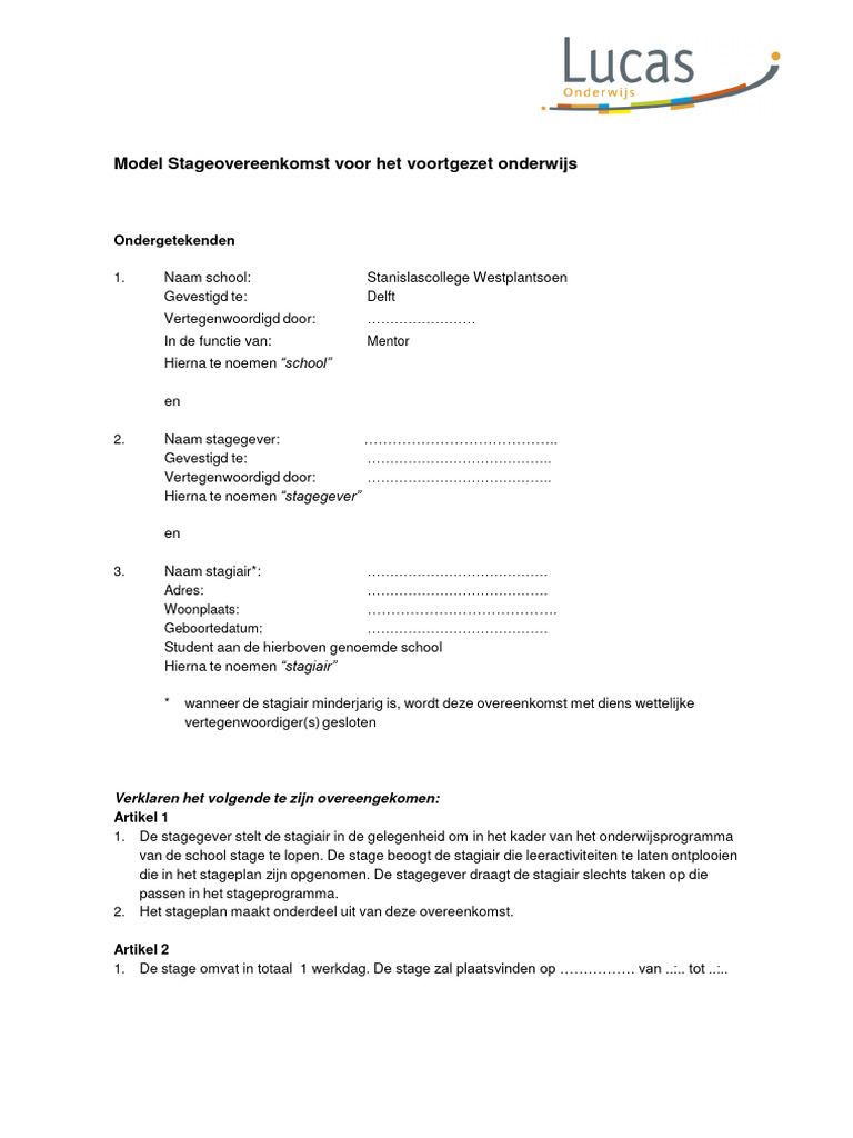 Modelstageovereenkomst Lucas Onderwijs | PDF