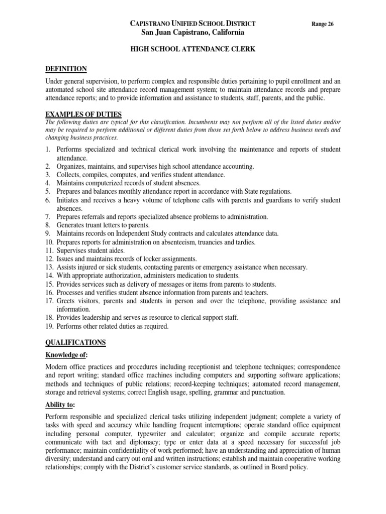High School Attendance Clerk Job Description | PDF | Records Management ...