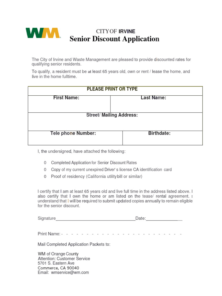 Irvine Senior Discount Application Form | PDF
