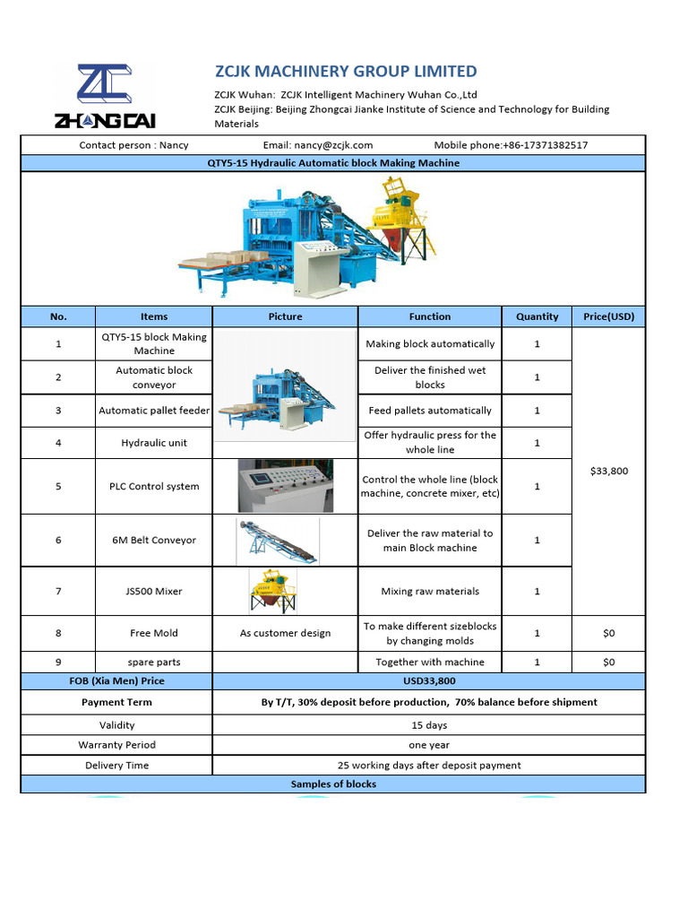 QTY5-15 Hydraulic Brick Making Machine Quotation | PDF | Machines | Pallet