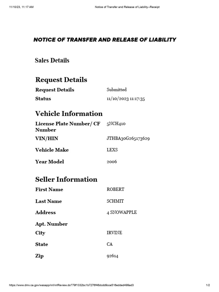 Notice of Transfer and Release of Liability--Receipt | PDF | Department Of Motor Vehicles ...