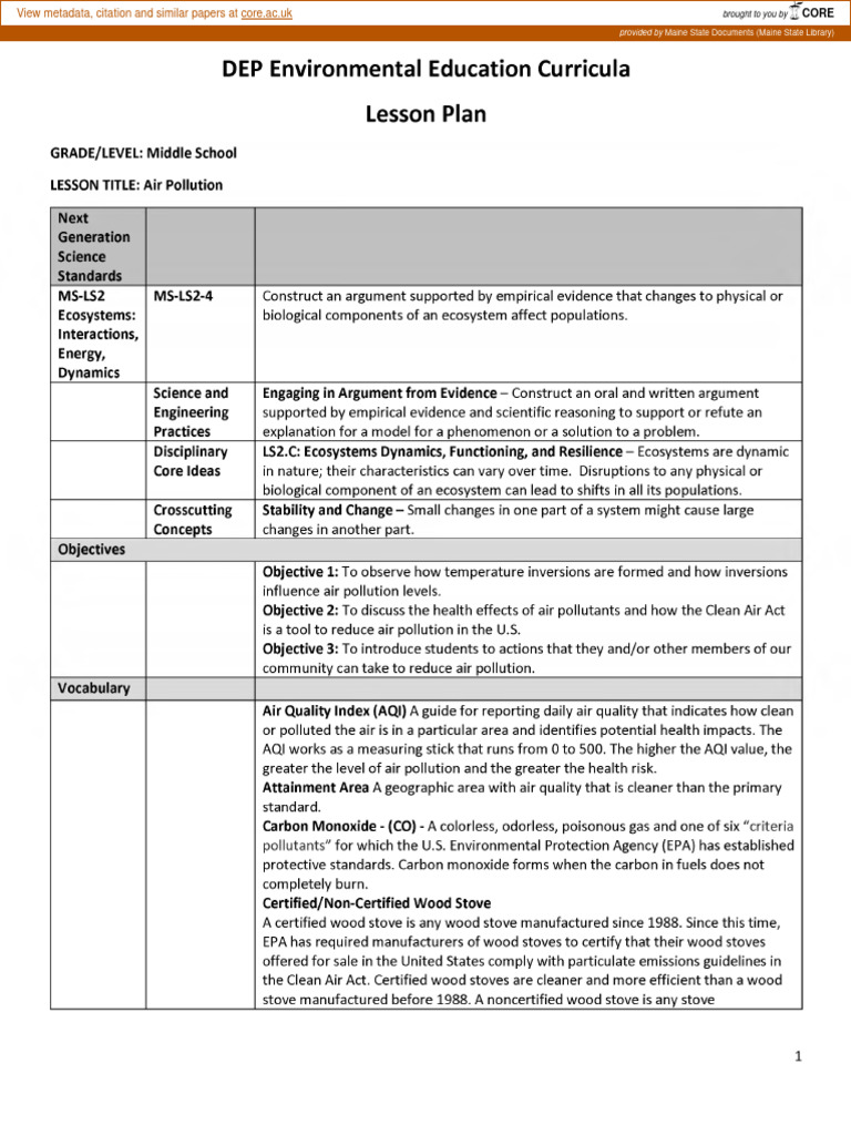 D E P Environmental Education Curricula Lesson Plan: Provided by Maine ...