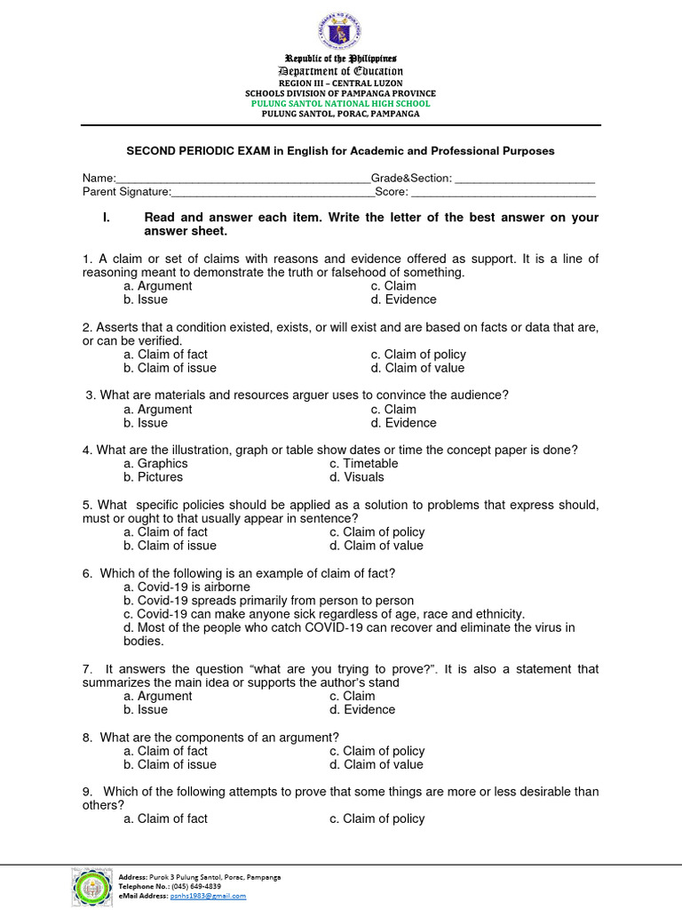 2ND Periodical Exam in Eapp | PDF | Chart | Questionnaire