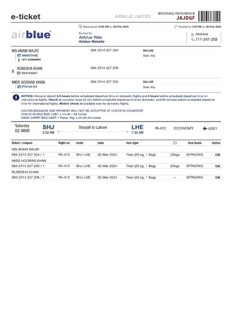 Airblue - View Reservation | PDF