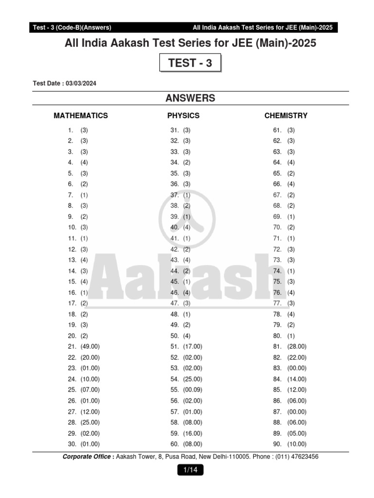AIATS For First Step JEE (M) - Phase-1&2 Test-3 Code-B Sol 03-03-2024 ...
