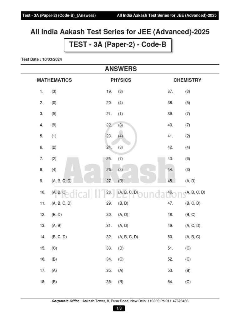 AIATS For First Step JEE (ADV) - Phase-1&2 Test-3A-P2 Code-B Sol 10-03 ...