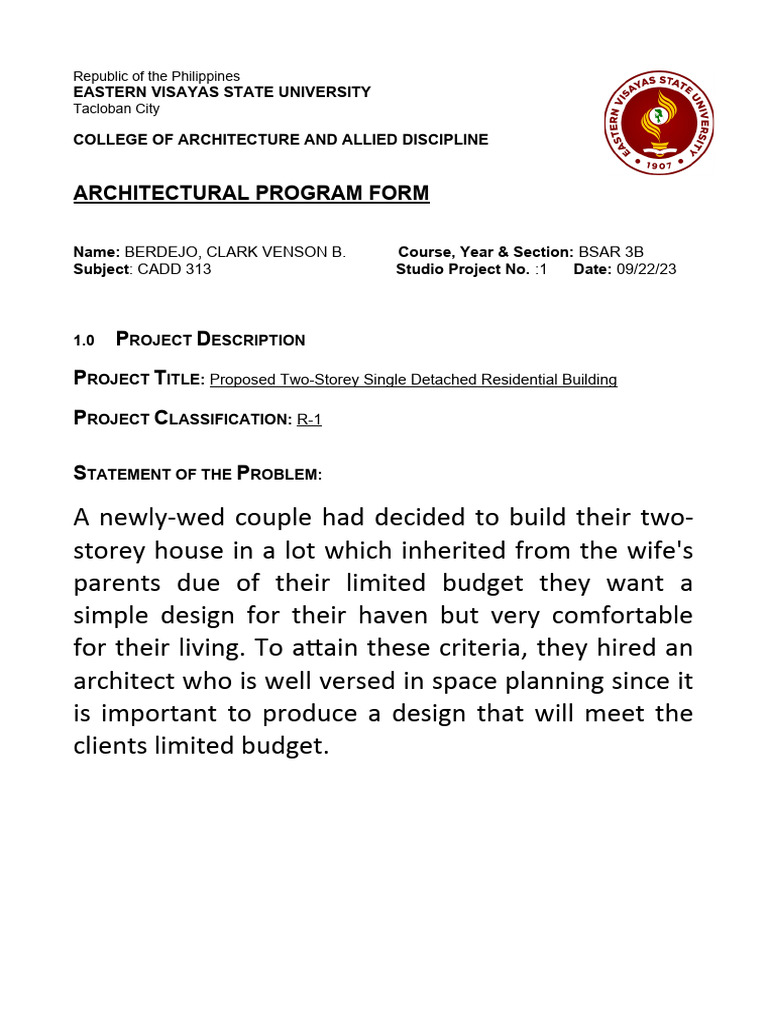 Architectural Program Form | PDF | Bedroom | Kitchen