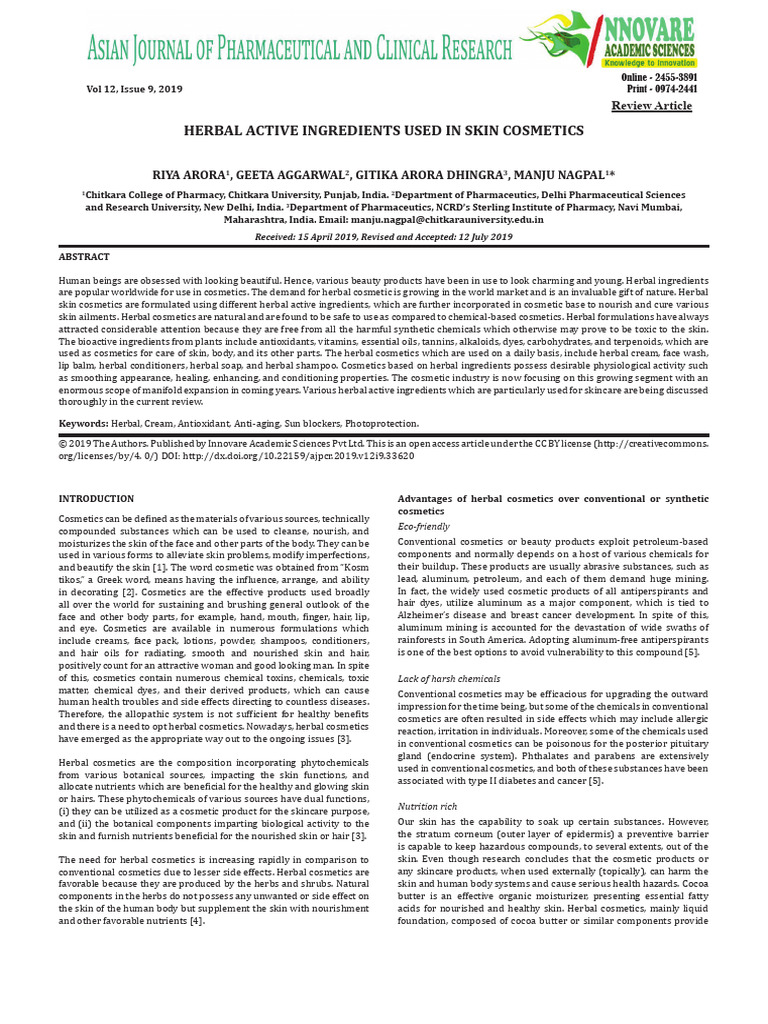 Herbal Active Ingredients Used in Skin C | PDF | Antioxidant | Ultraviolet
