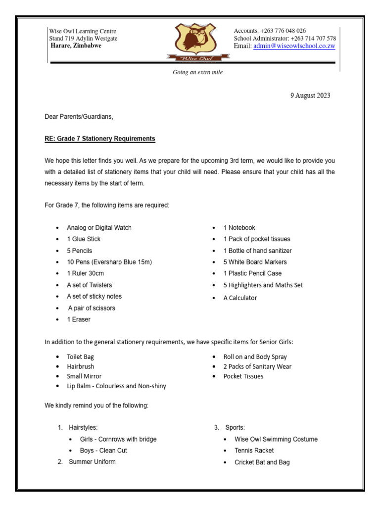 Grade 7 Stationery List 2023 | PDF | Writing Implements | Equipment