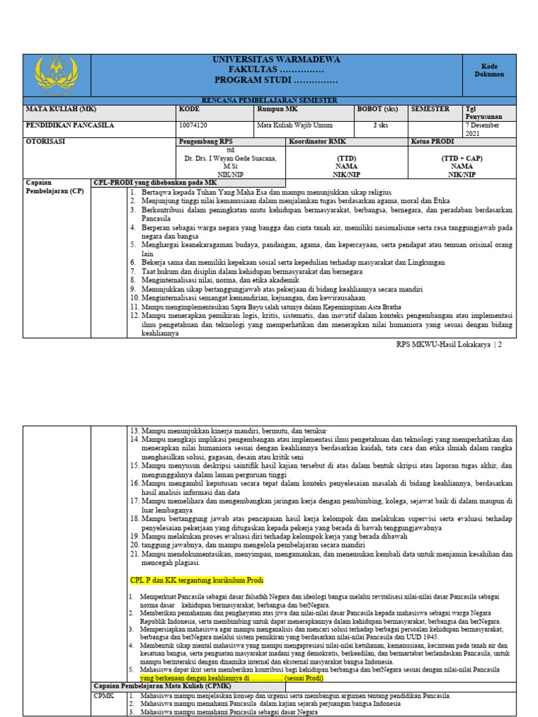#RPS Pendidikan Pancasila 2023 | PDF