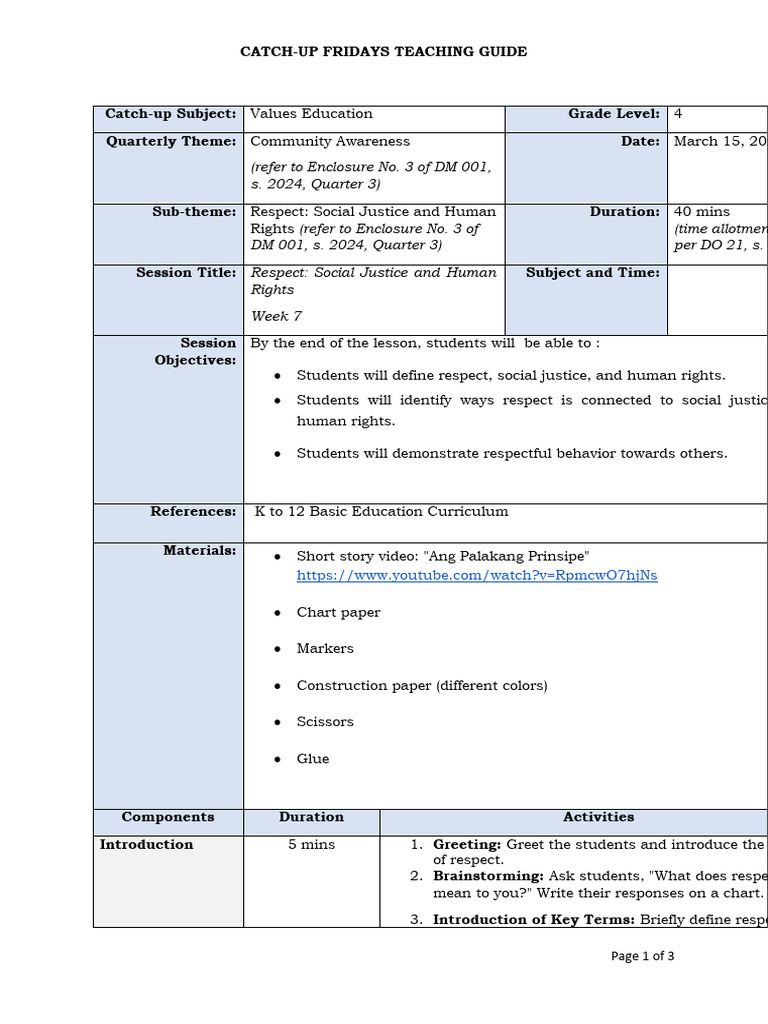 Respect and Kindness in Grade 4 Values Education | PDF | Learning ...