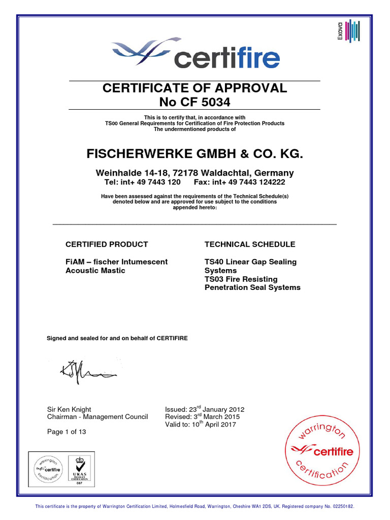 Fischer Certifire CF5034 FiAM Intumescent Acrylic Sealant - MARCH 2015 | PDF | Drywall | Concrete