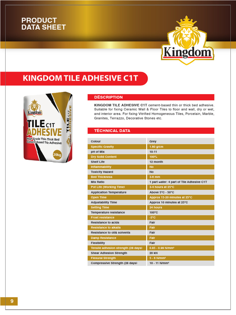 Tds Kingdom Tile Adhesive c1t | PDF | Concrete | Tile