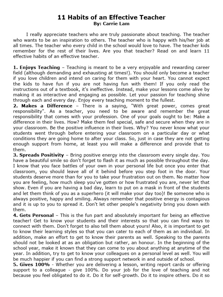 11 Essential Habits of Effective Teachers | PDF | Teachers | Behavior ...