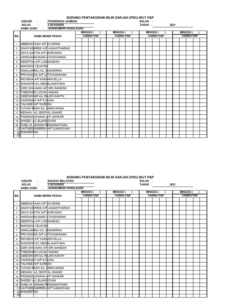 Borang Pentaksiran Bilik Darjah (PBS) Ikut P&P | PDF