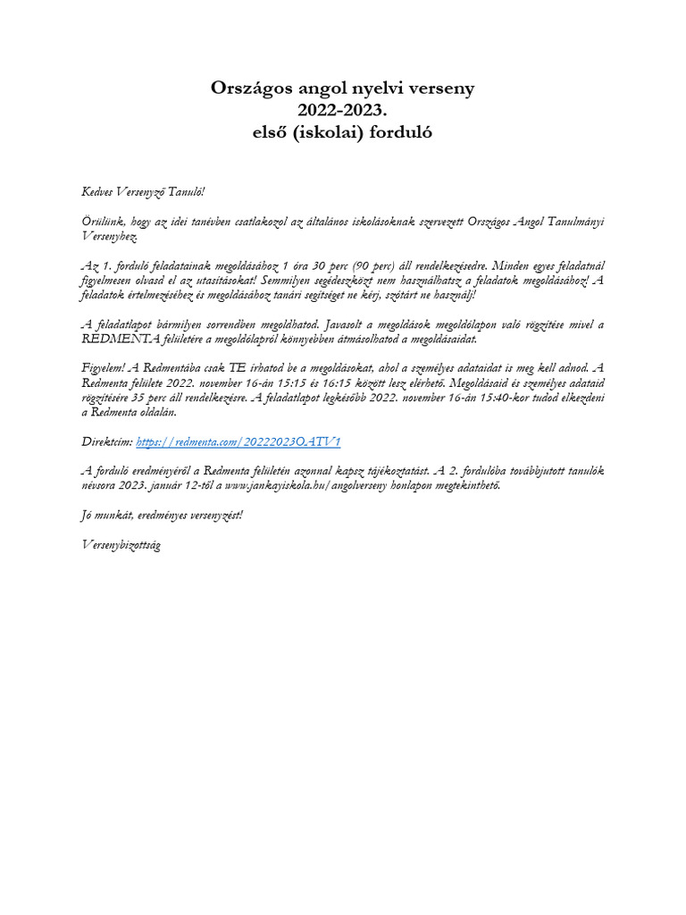Országos Angol Nyelvi Verseny 2022-2023. Első (Iskolai) Forduló | PDF