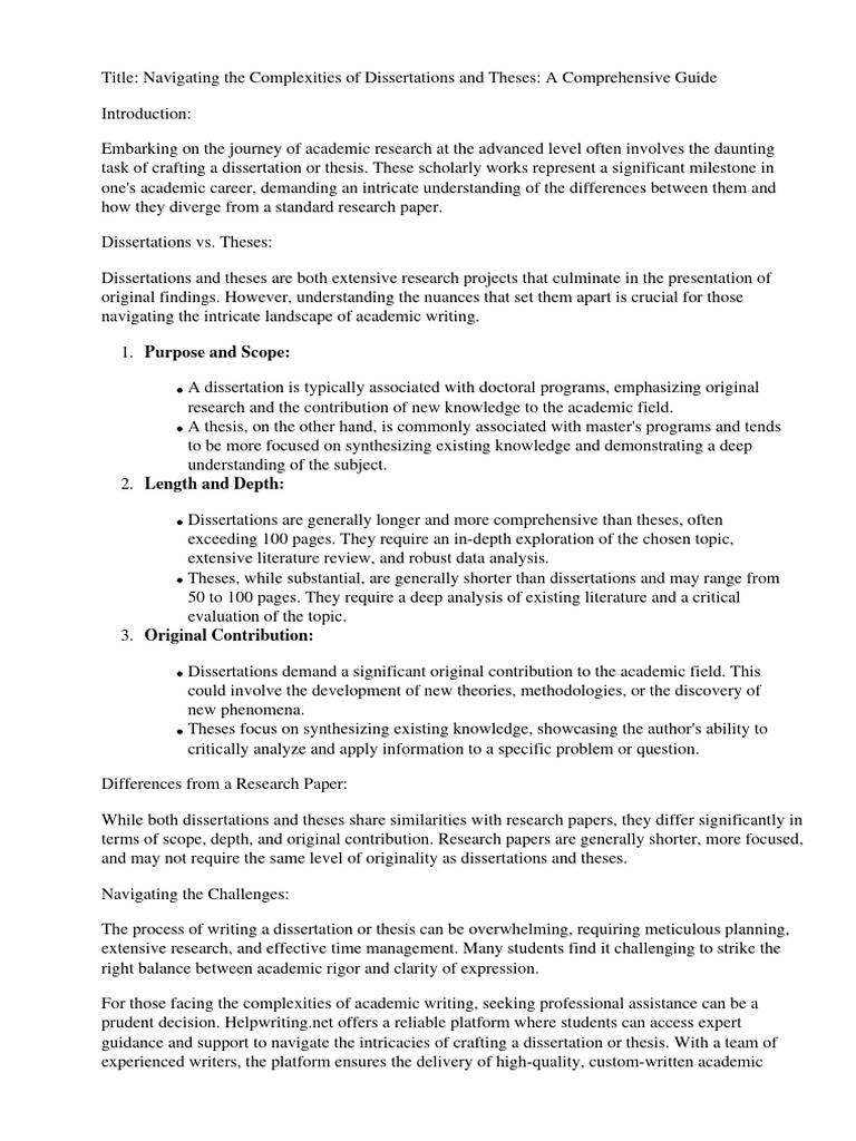 Differences Between Dissertation and Thesis and Explain How They Differ From a Research Paper ...