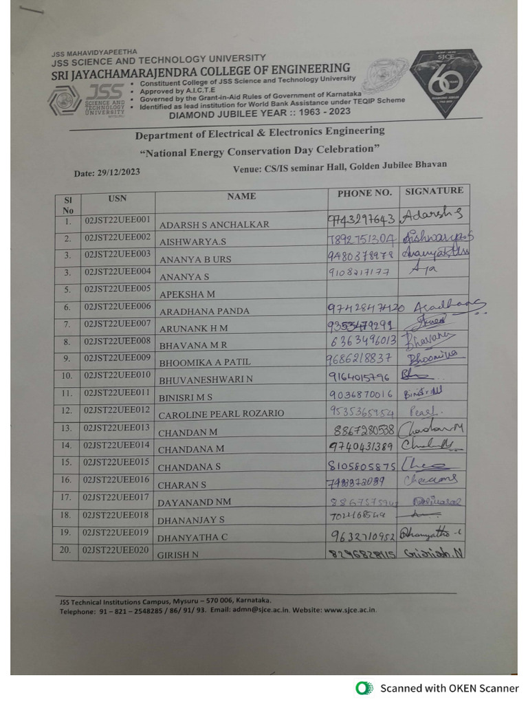 3rd Semester Attendance (Energy Conservation Day) | PDF